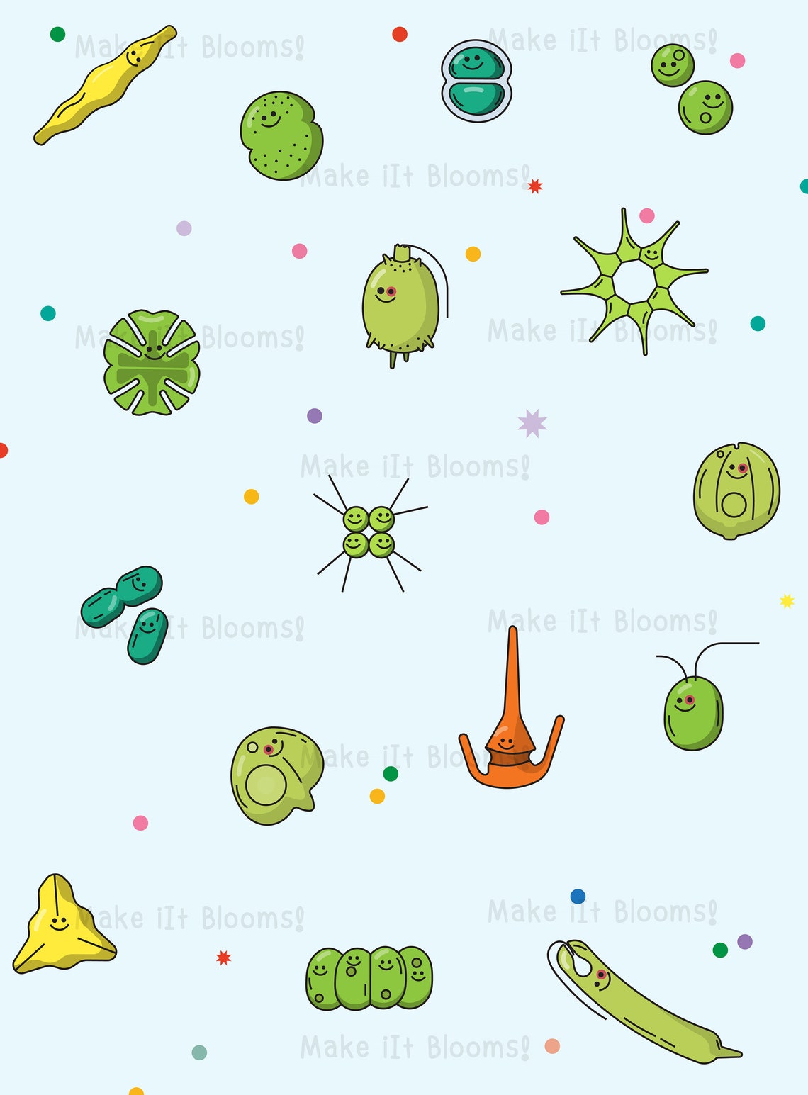 Cute Microalgae and Cyanobacteria/ Lovely Cartoon Phytoplankton/ Gift ...