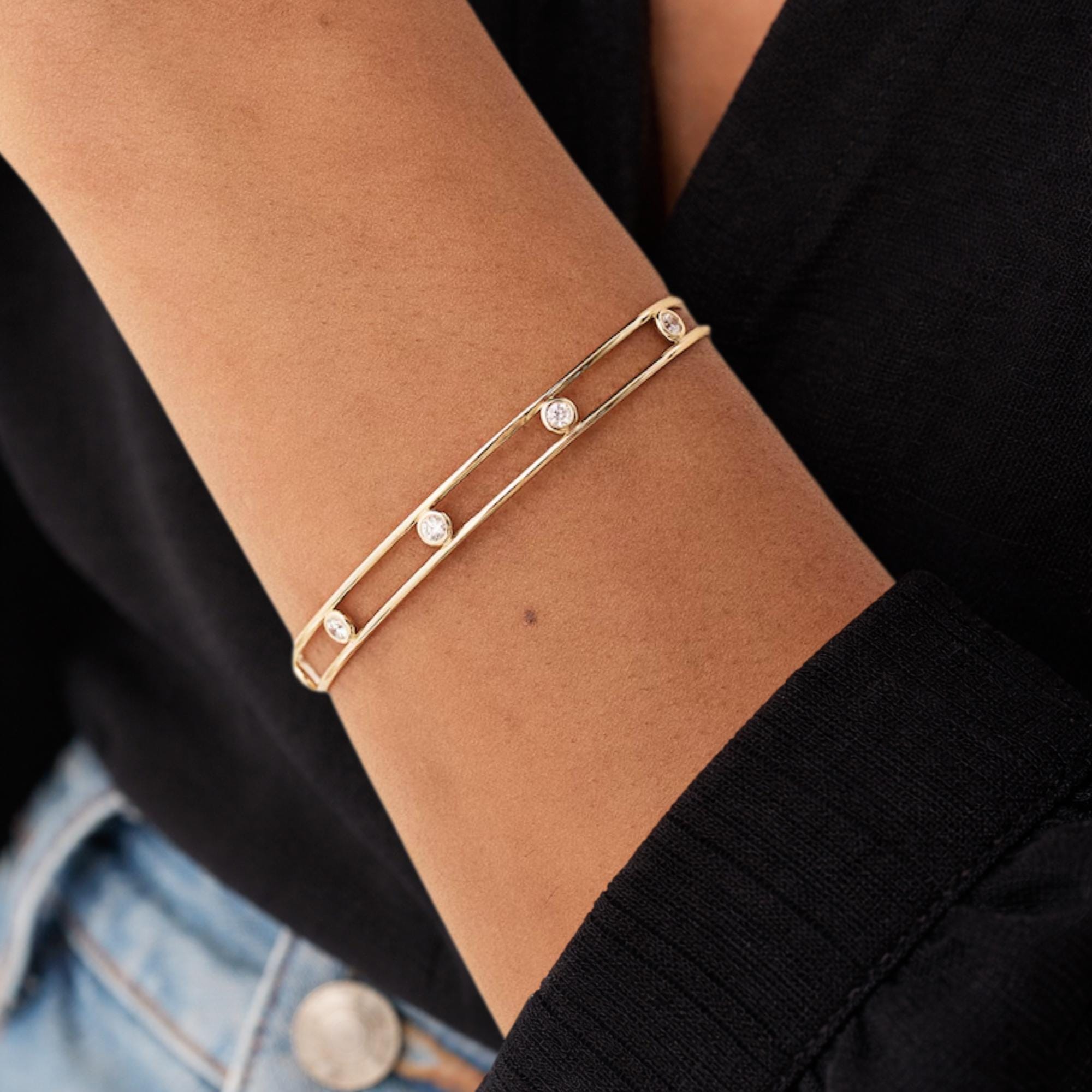 Diamond Cuff Bangle / 14k Gold Bezel Setting Diamond Cuff Bracelet ...