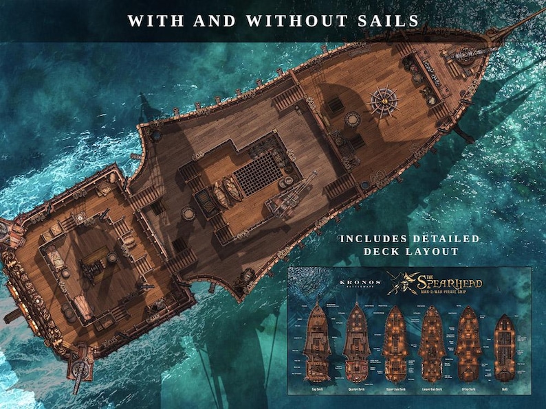 Pirate Ship Battlemap: D&D 5e, Multi-deck Man-o-war Sailing Ship ...
