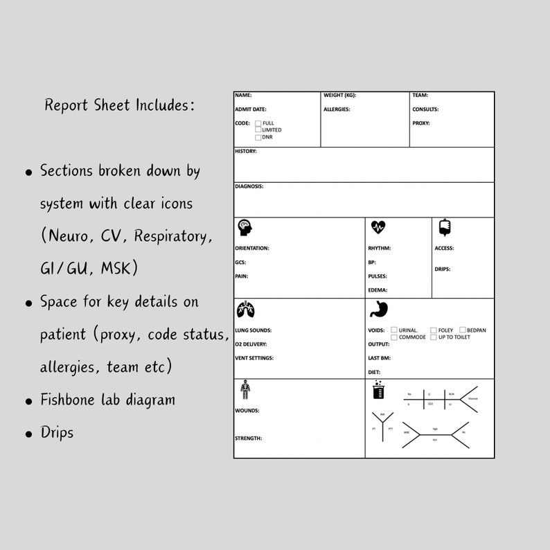 ICU Nurse Report Sheet, Nursing Brain, Simple SBAR With Fishbone Labs ...