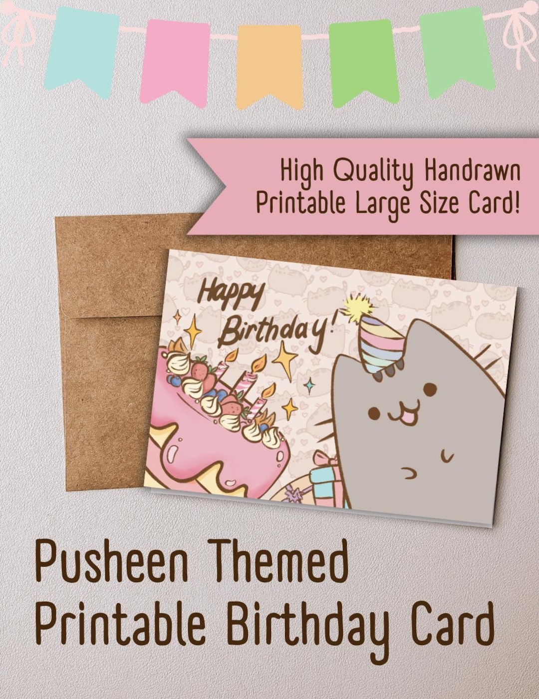 Cute Printable Pusheen Birthday Card Digital Download Landscape Folding ...