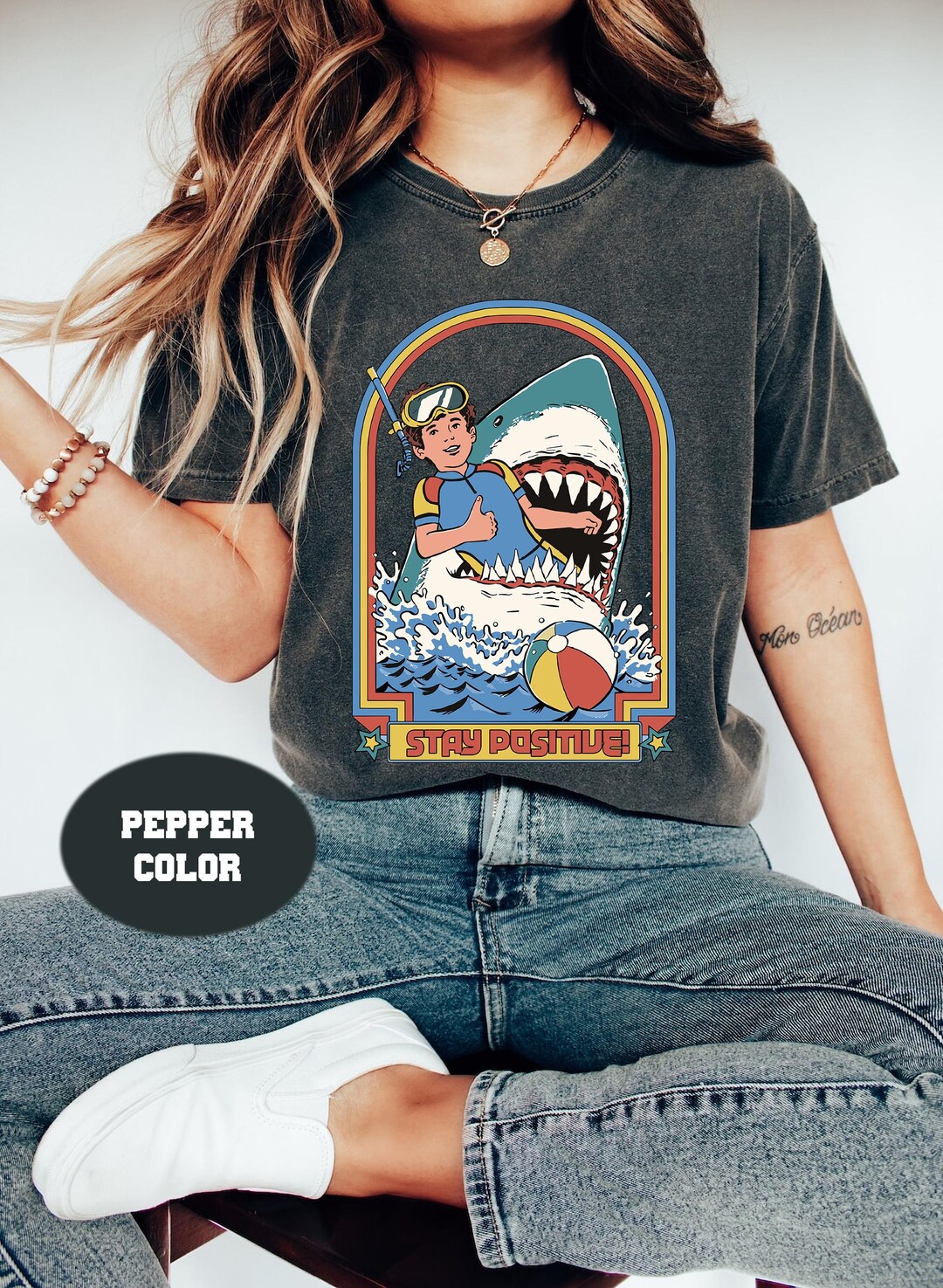 Stay Positive Shark Attack Vintage Retro Comedy Funny Comfort Colors ...