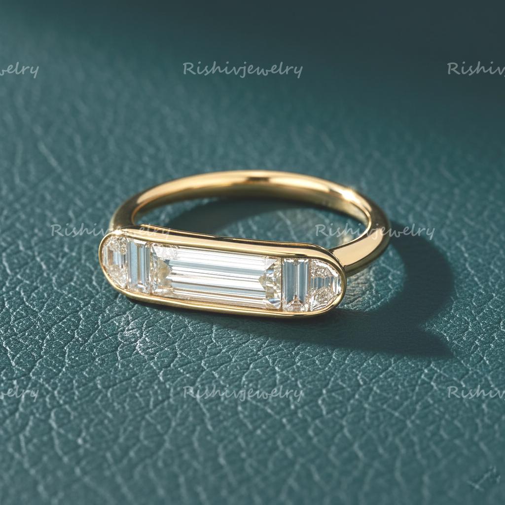 Horizontal Engagement Ring With Framed Half Moon and Baguette Diamonds ...