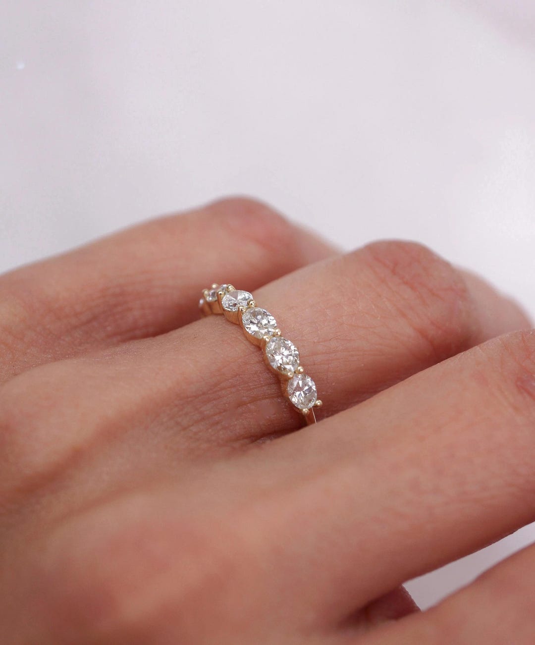 Oval Cut Half Eternity Wedding Band, Colorless Oval 14K Gold Ring ...