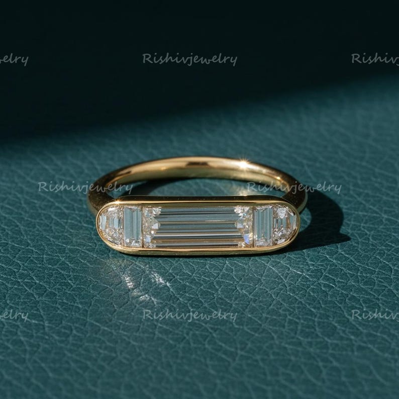 Horizontal Engagement Ring With Framed Half Moon and Baguette Diamonds ...