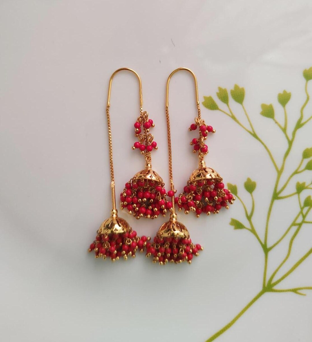 Sui Dhaga Natural Coral Threader Earring 92.5% Sterling Silver ...