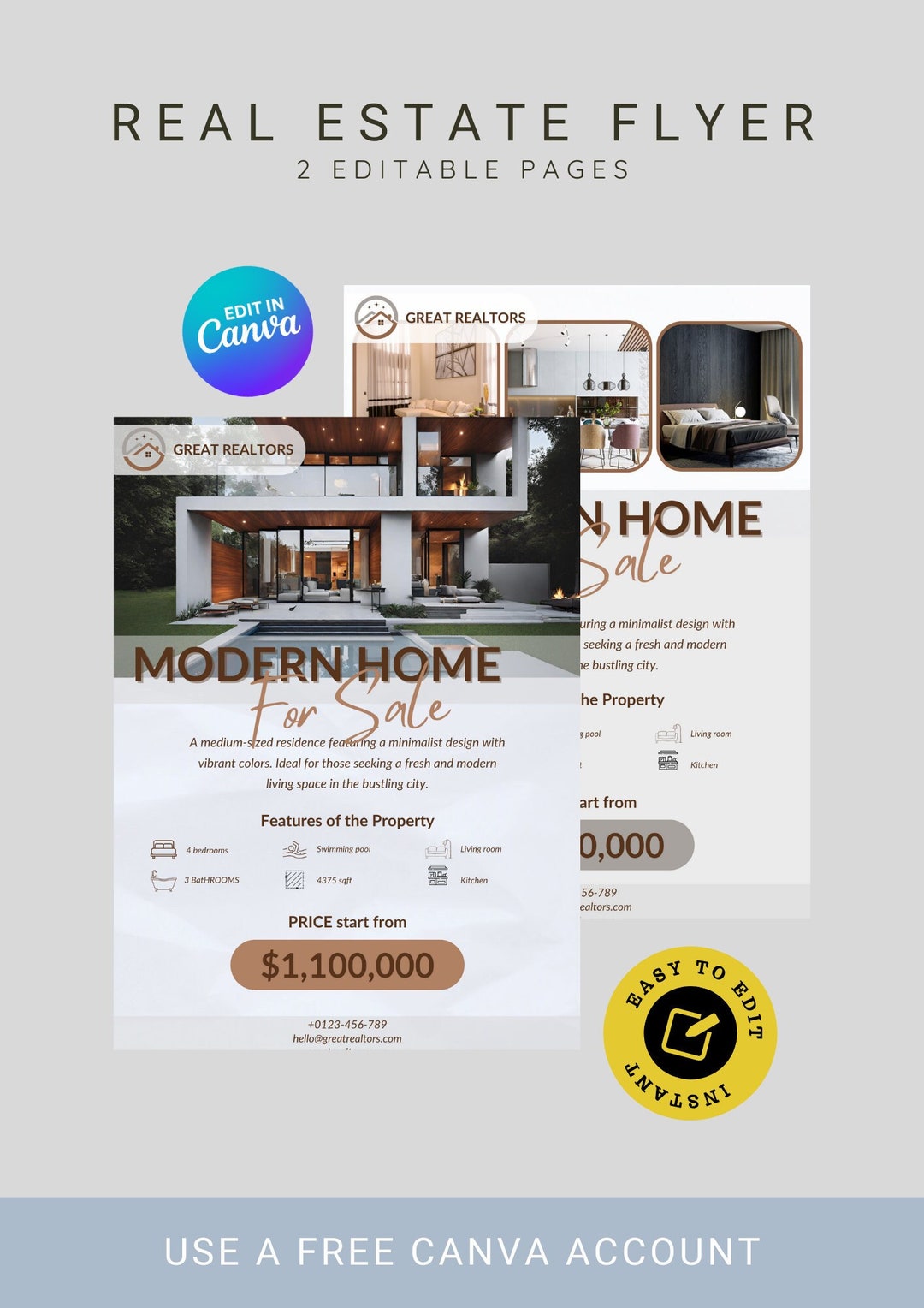 Modern Home Real Estate Flyer Template: Brown & White Design (editable ...