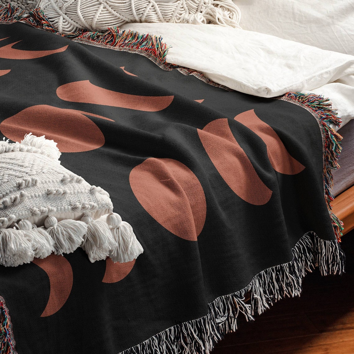 Moon Lunar Phases Woven Throw Blanket, Decorative Cotton Bed Blanket ...