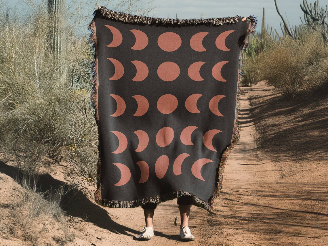Moon Lunar Phases Woven Throw Blanket, Decorative Cotton Bed Blanket ...