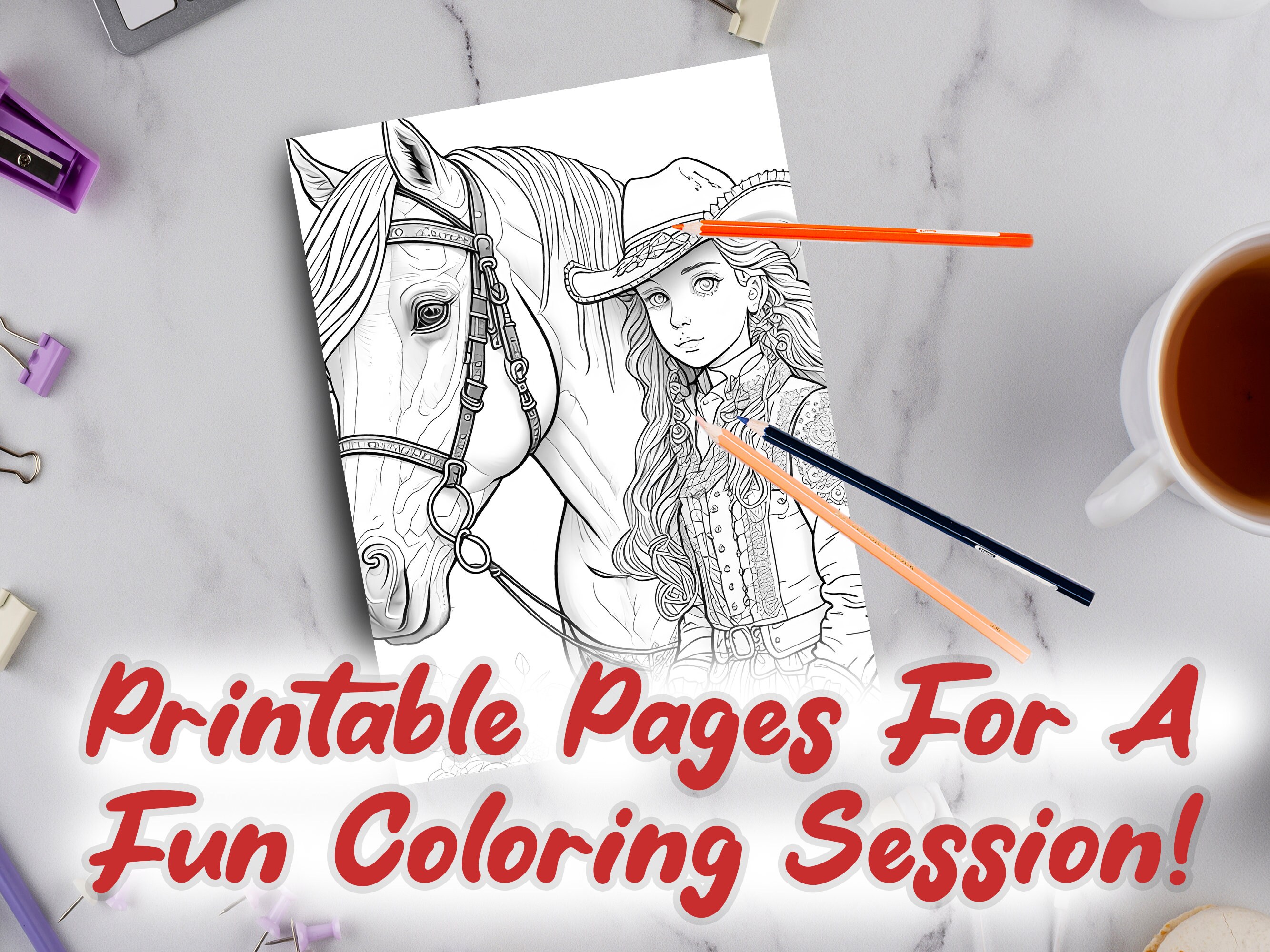 25 Cowgirl Cuties Wild West Fantasy Coloring Book for Adults Digital ...