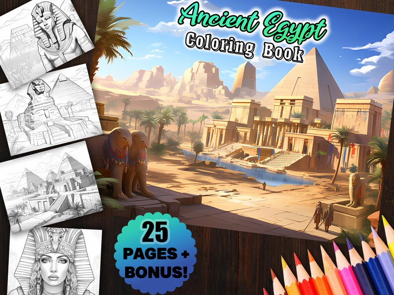 25 Ancient Egypt Travel Exploration Coloring Book for Adults Digital ...