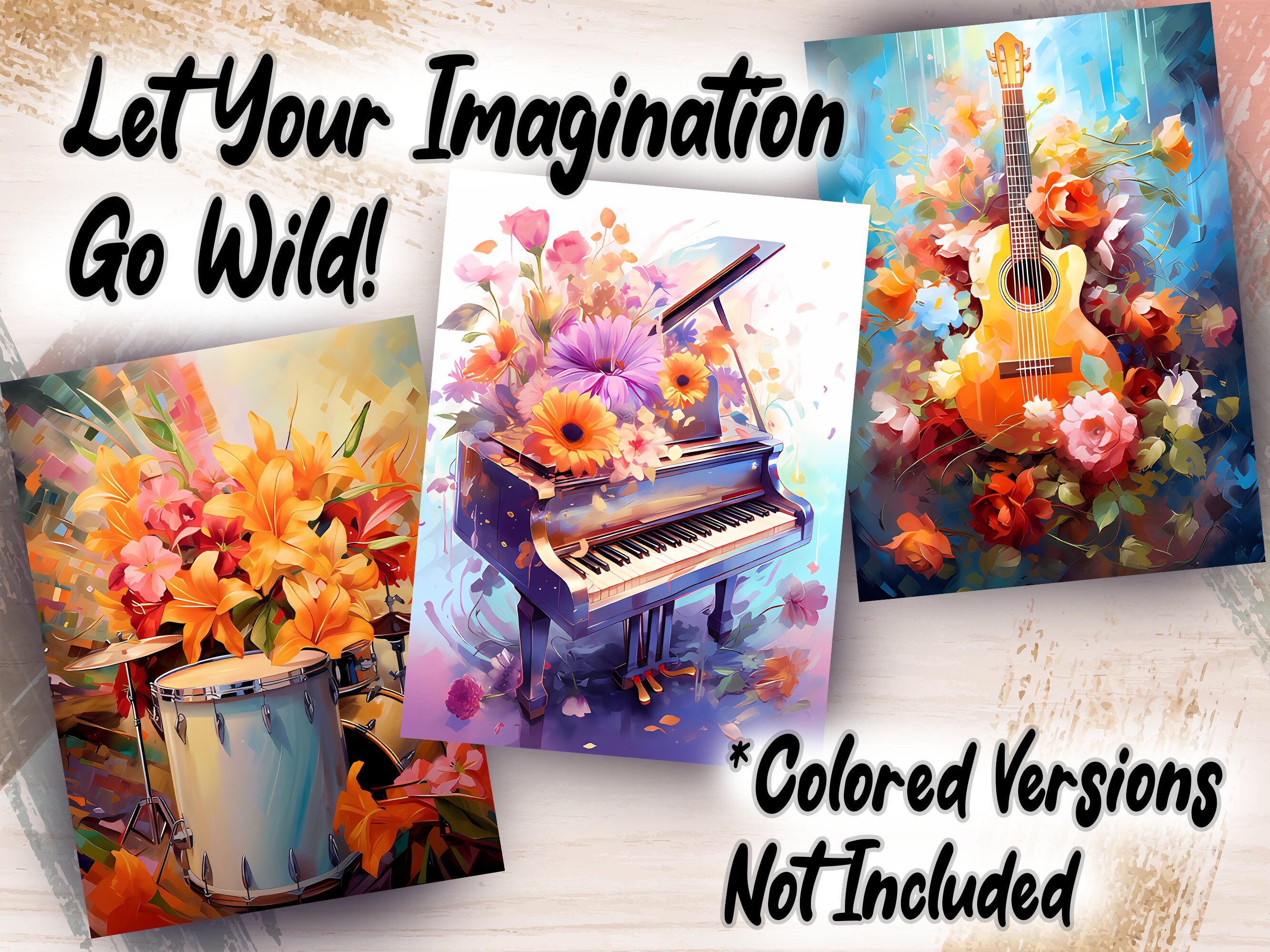 20 Musical Instrument Flower Coloring Book for Adults Digital Kids ...