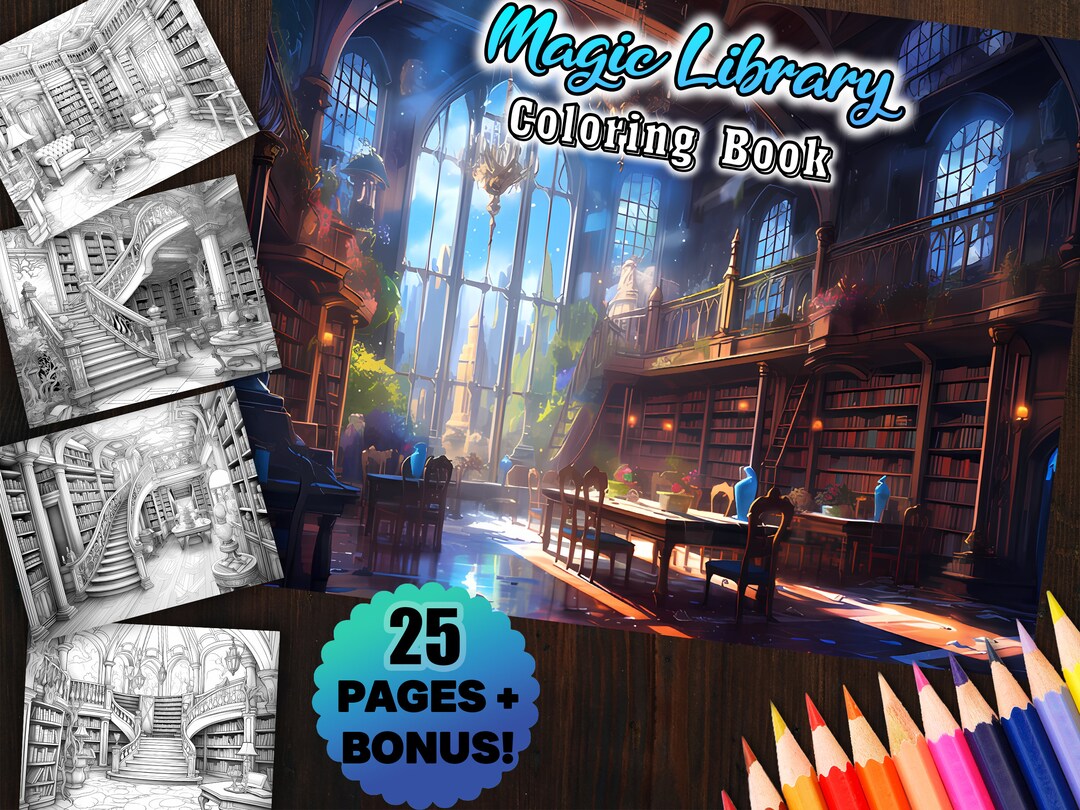 25 Magic Library Coloring Book for Adults Digital Kids Interior ...
