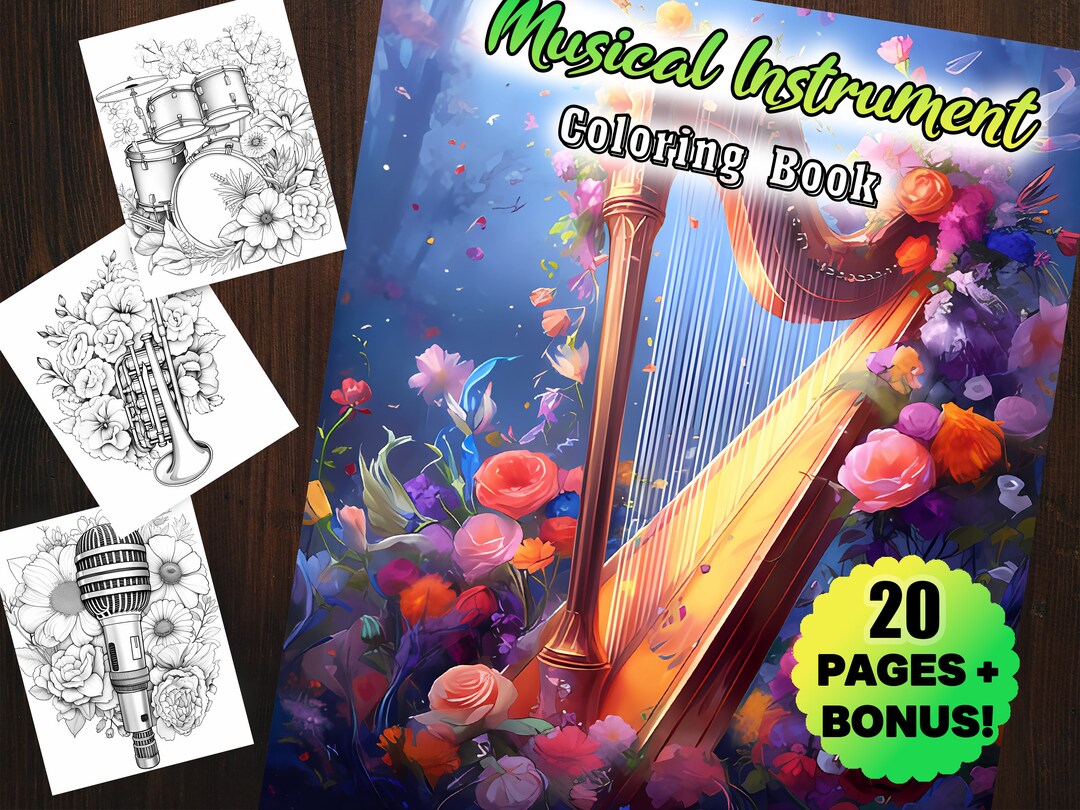 20 Musical Instrument Flower Coloring Book for Adults Digital Kids ...