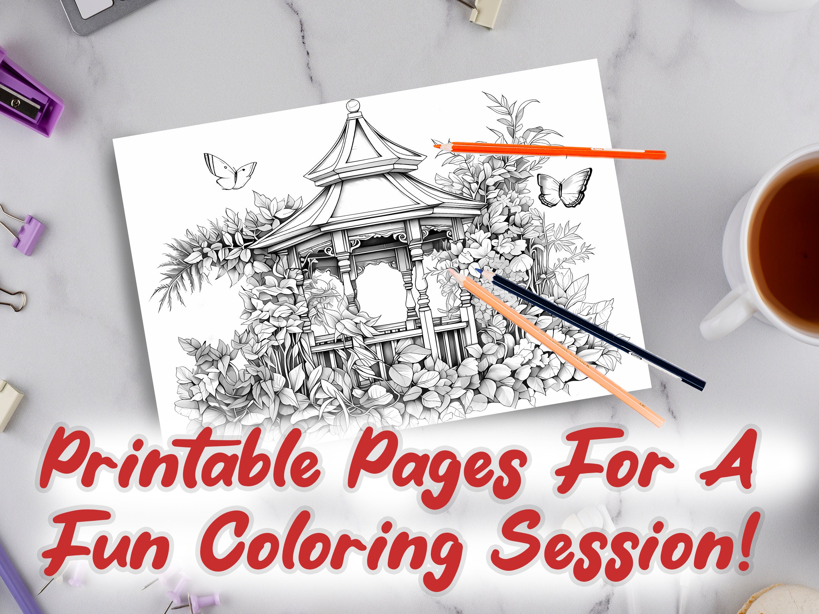 25 Floral Gazebo Nature Coloring Book Pages Adults Digital Kids Garden ...