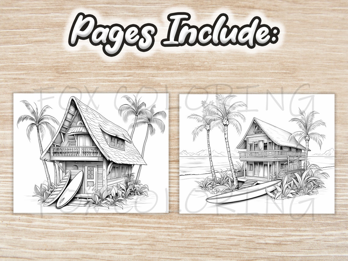 25 Hawaii House Tropical Exotic Island Coloring Book for Adults Digital ...