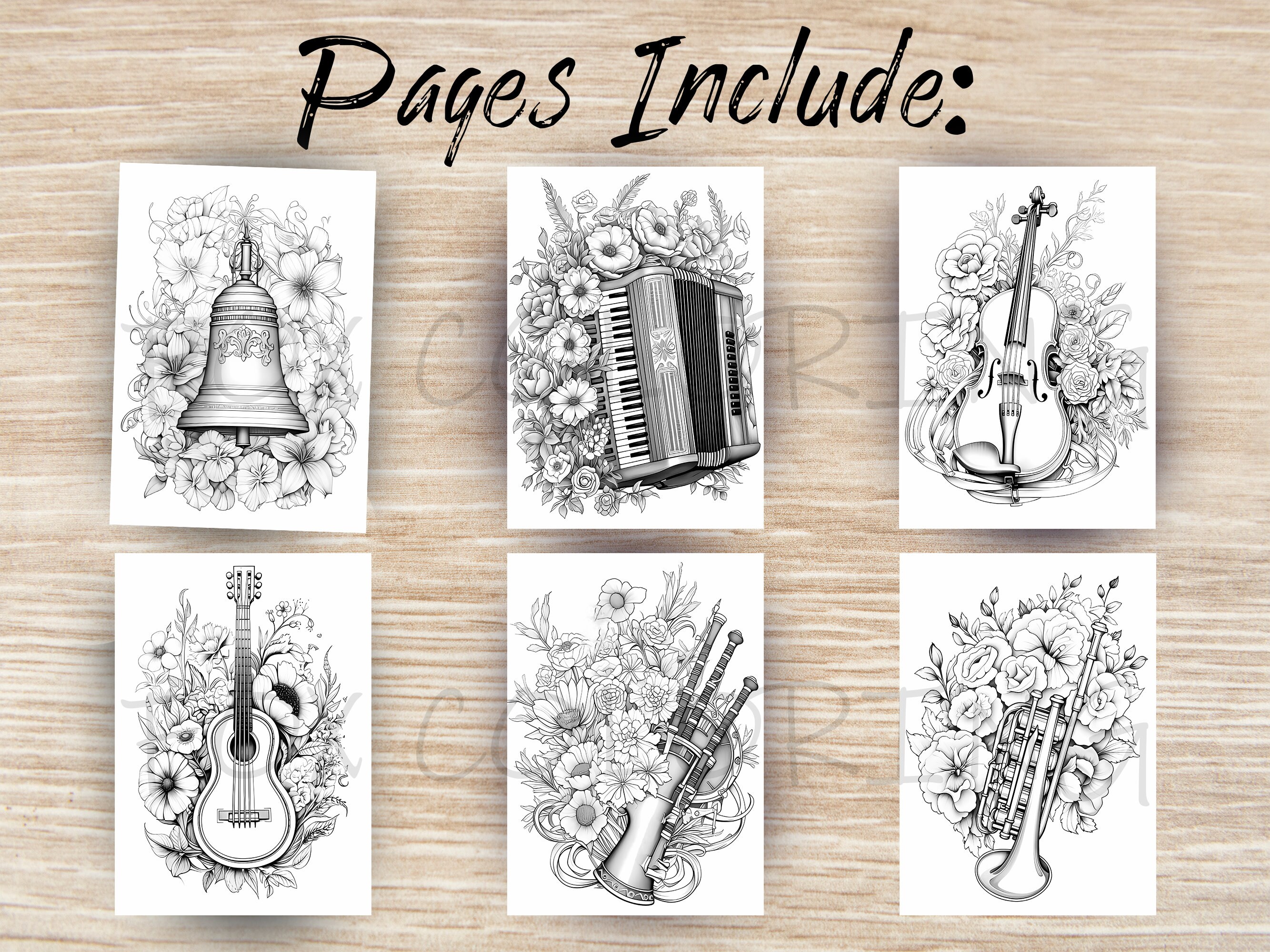 20 Musical Instrument Flower Coloring Book for Adults Digital - Etsy