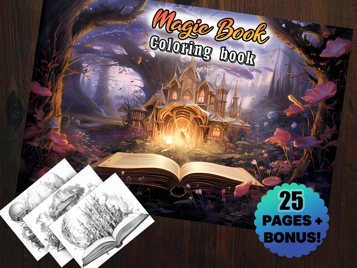 25 Magic Book Wizard Spellbook Fantasy Coloring Book for Adults Digital ...