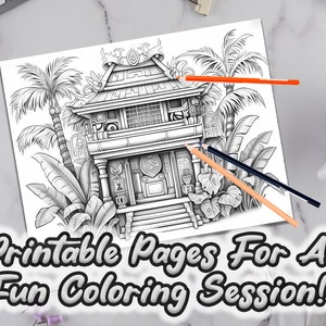 25 Hawaii House Tropical Exotic Island Coloring Book for Adults Digital ...