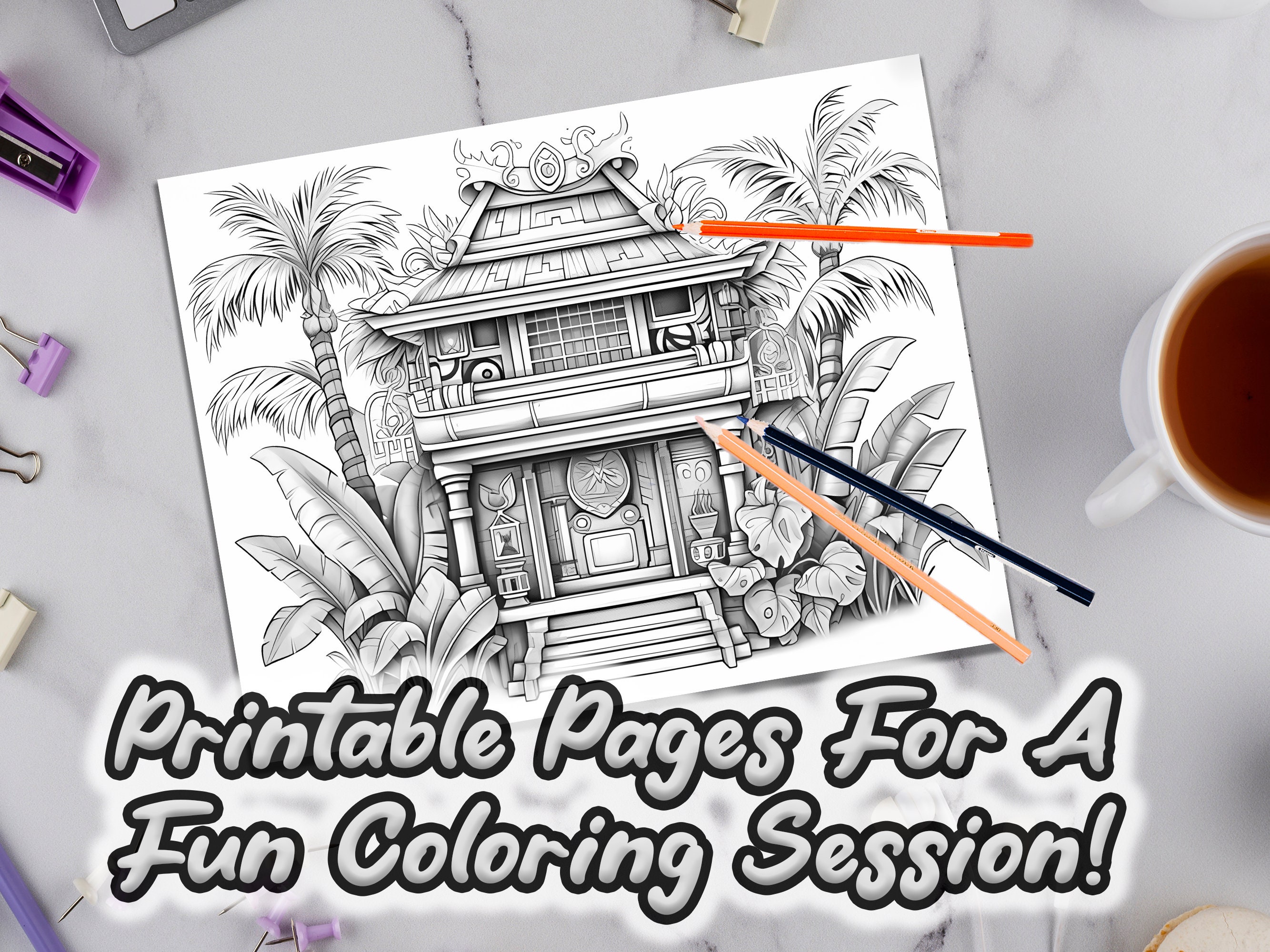 25 Hawaii House Tropical Exotic Island Coloring Book for Adults Digital ...