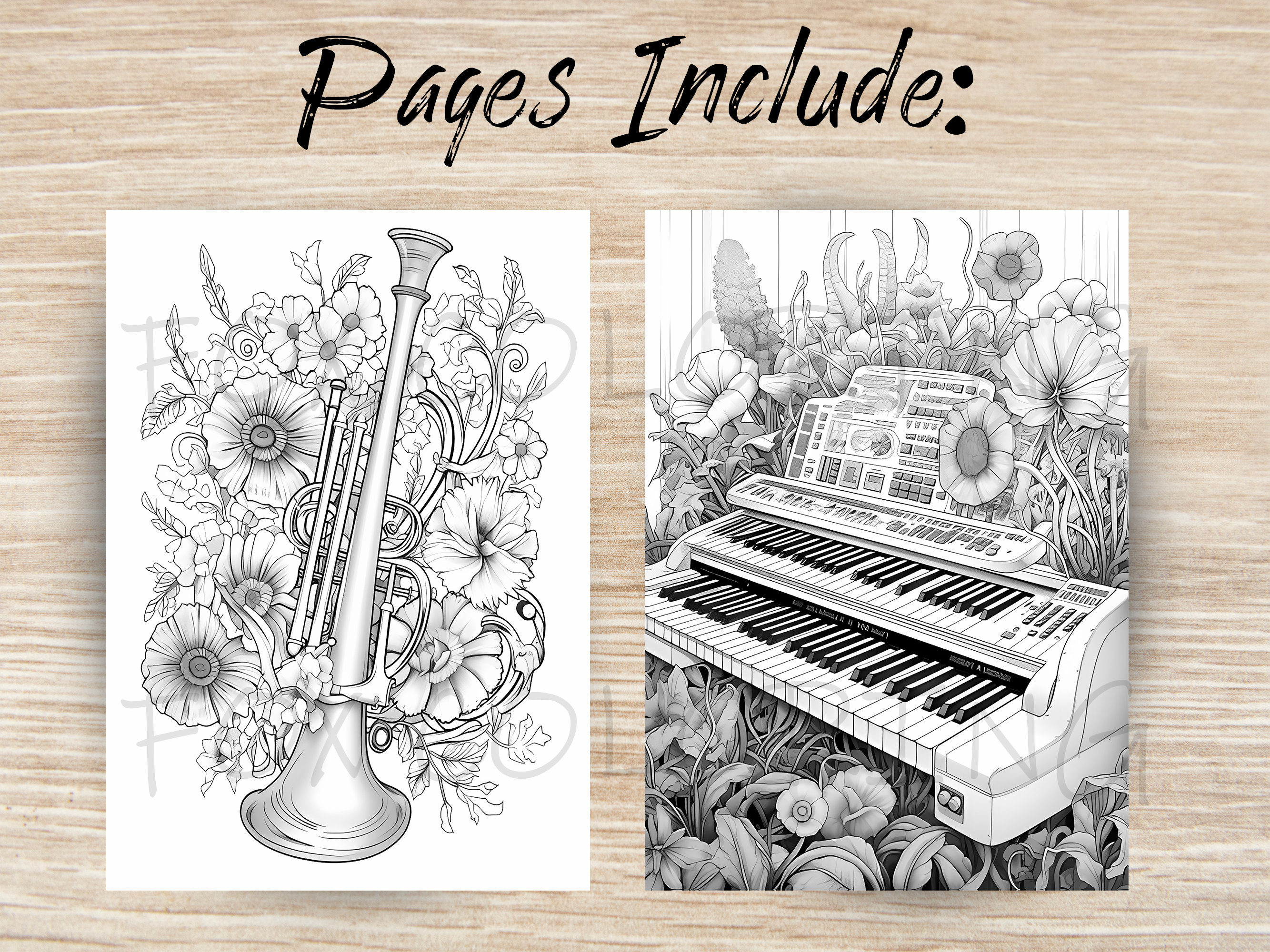 20 Musical Instrument Flower Coloring Book for Adults Digital - Etsy