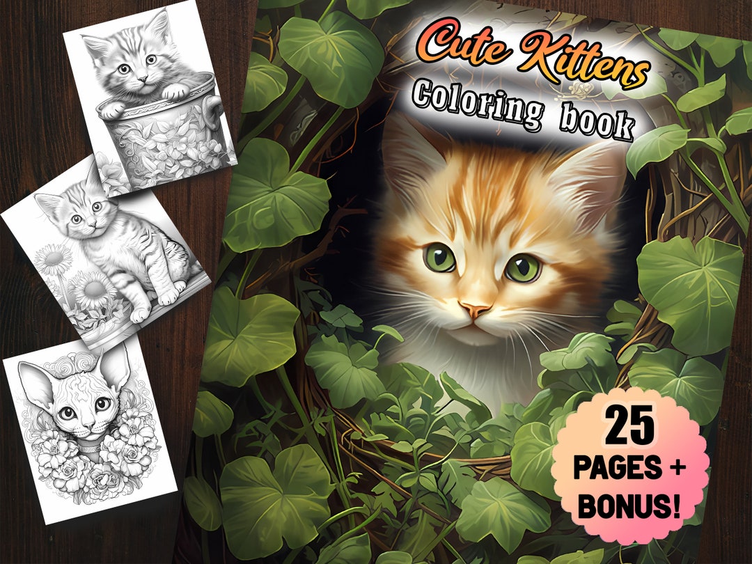 25 Cute Kittens Adorable Feline Cats Coloring Book for Adults Digital ...