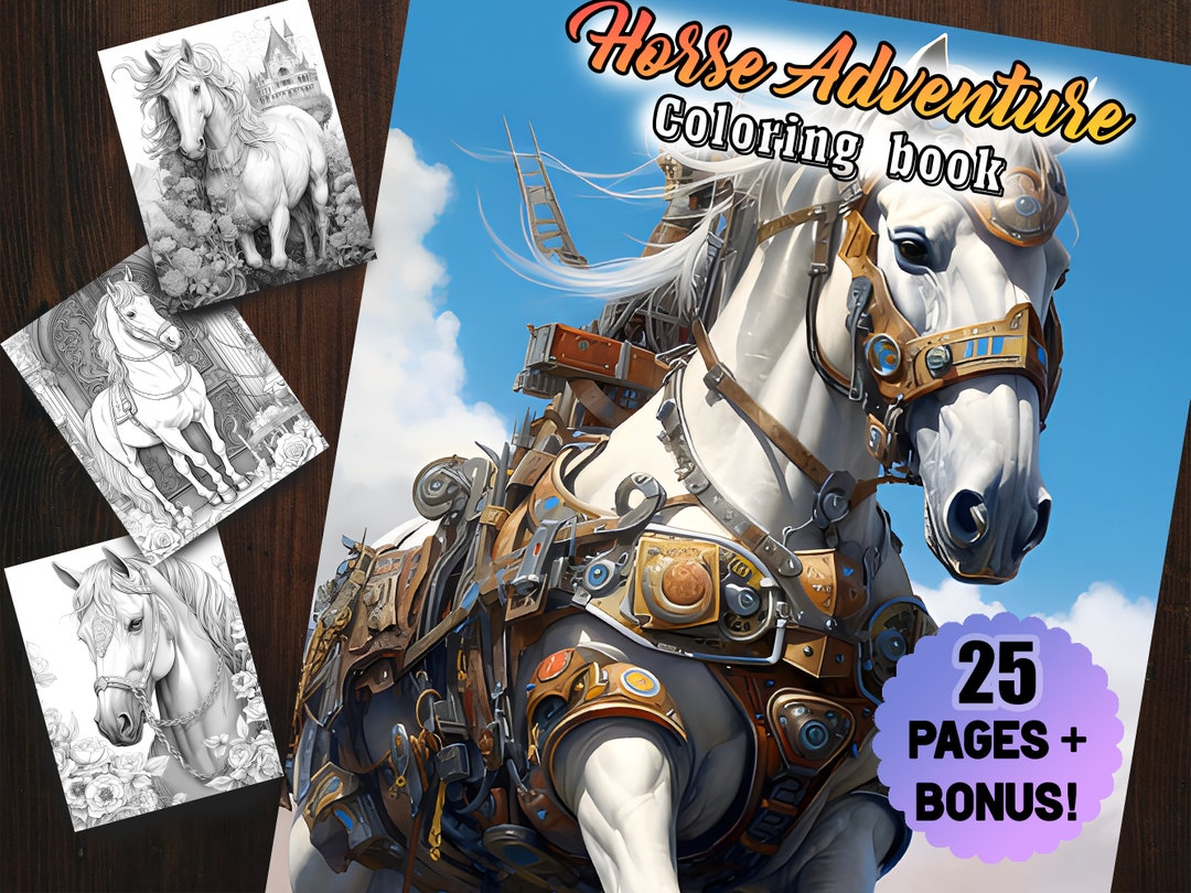 25 Horse Adventure Fantasy Equestrian Coloring Book for Adults Digital ...