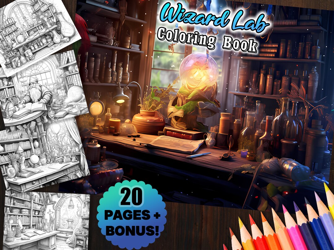 20 Magical Wizard Lab Fantasy Coloring Book for Adults Digital Kids ...