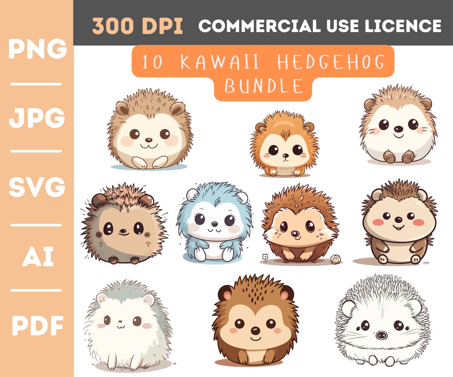 Kawaii Hedgehog Bundle Clipart in Format Png Jpg Svg Ai Pdf - Etsy