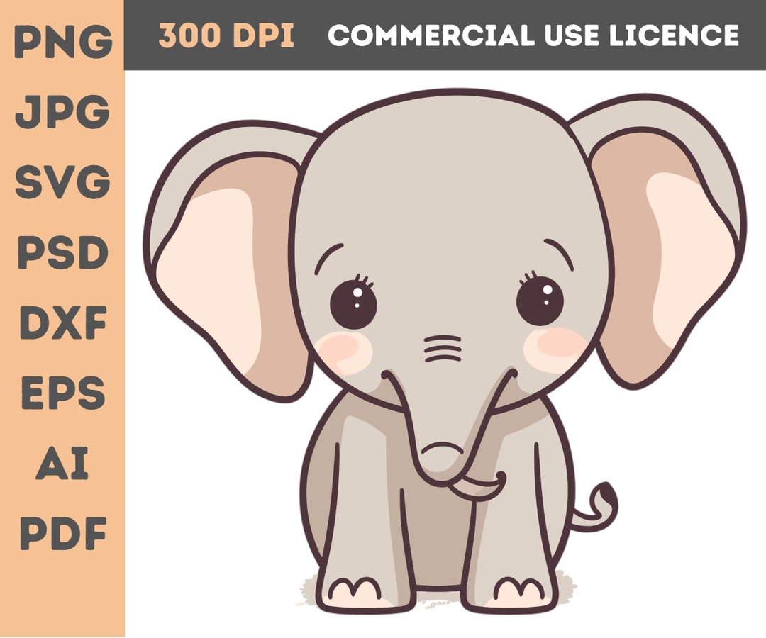 Kawaii Elephant Clipart in Format - Png Jpg Svg Pds Dxf Eps Ai Pdf ...