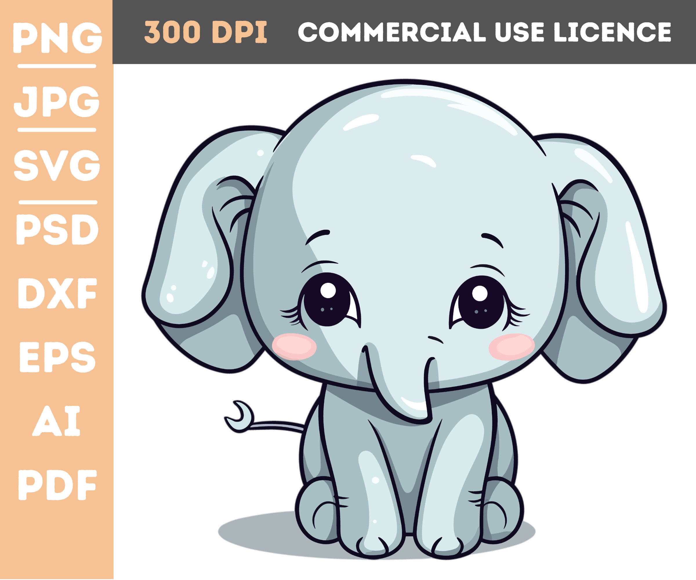 Kawaii Elephant Clipart in Format Png Jpg Svg Pds Dxf Eps Ai Pdf ...
