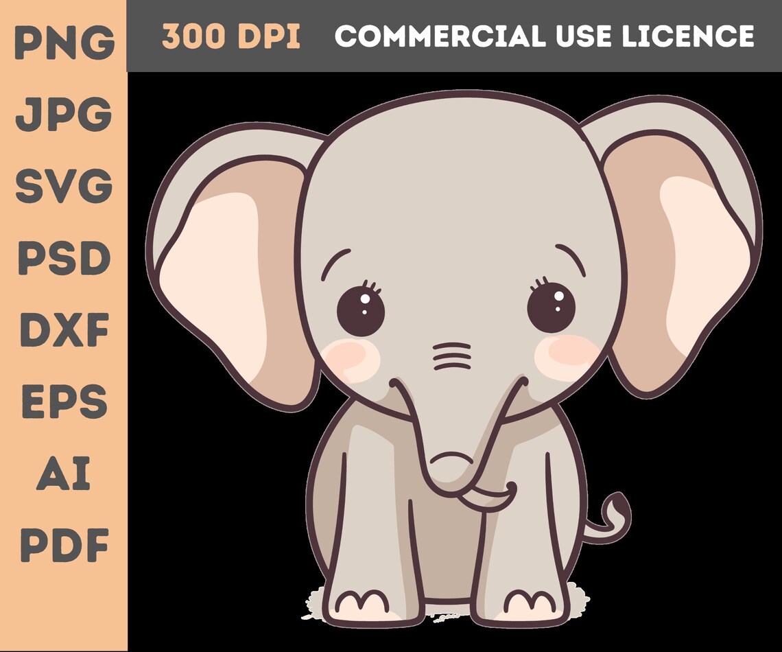 Kawaii Elephant Clipart in Format Png Jpg Svg Pds Dxf Eps Ai - Etsy