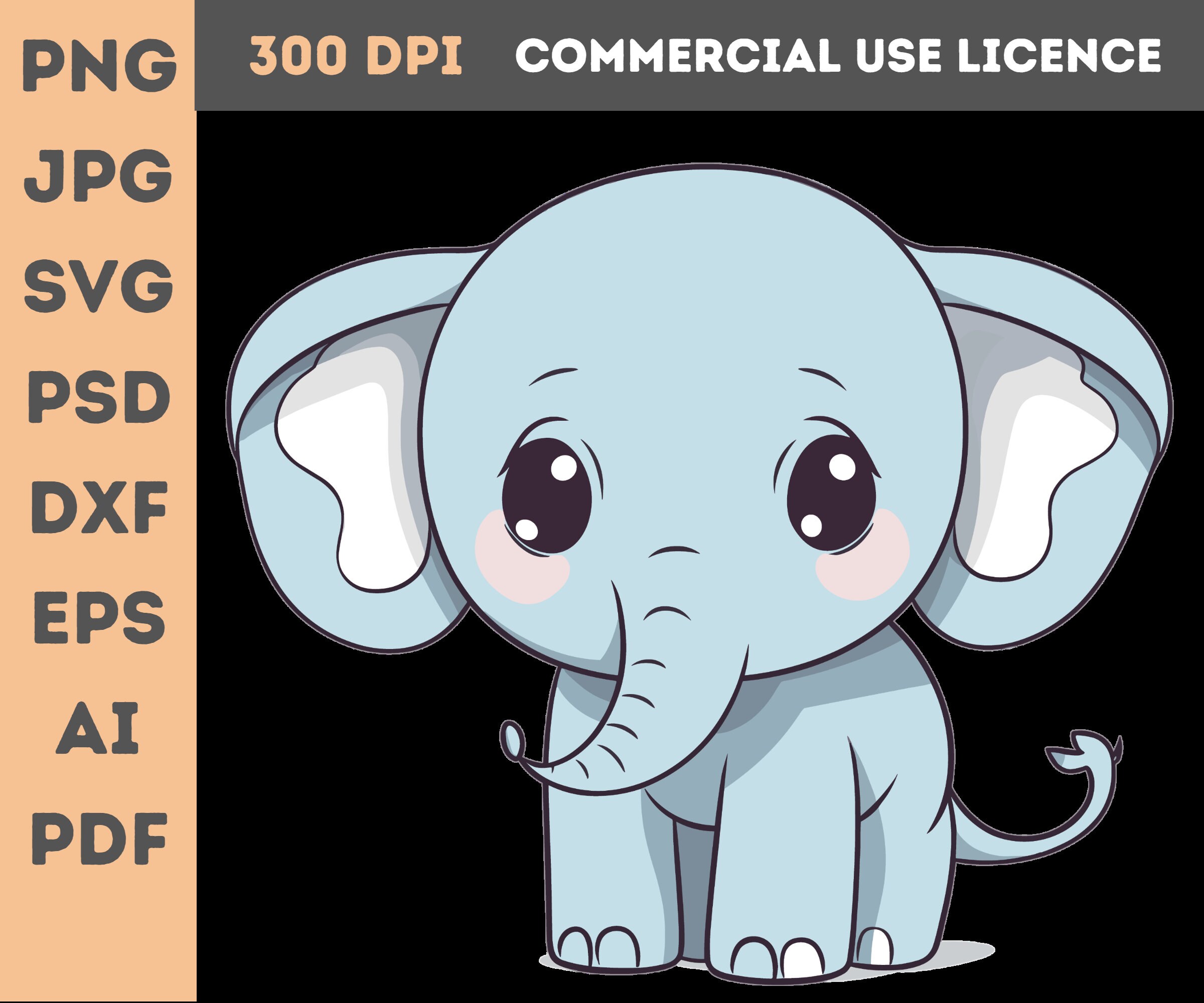 Kawaii Elephant Clipart in Format Png Jpg Svg Pds Dxf Eps Ai Pdf ...