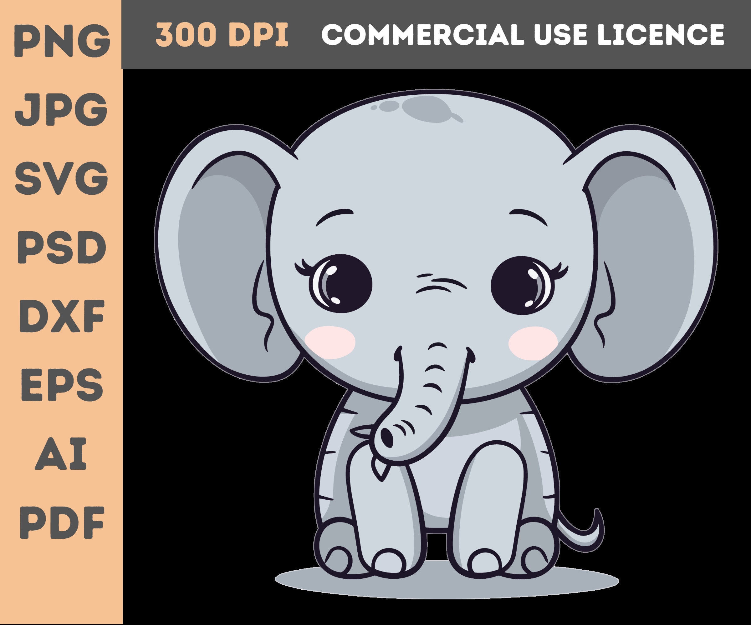Kawaii Elephant Clipart in Format Png Jpg Svg Pds Dxf Eps Ai Pdf ...