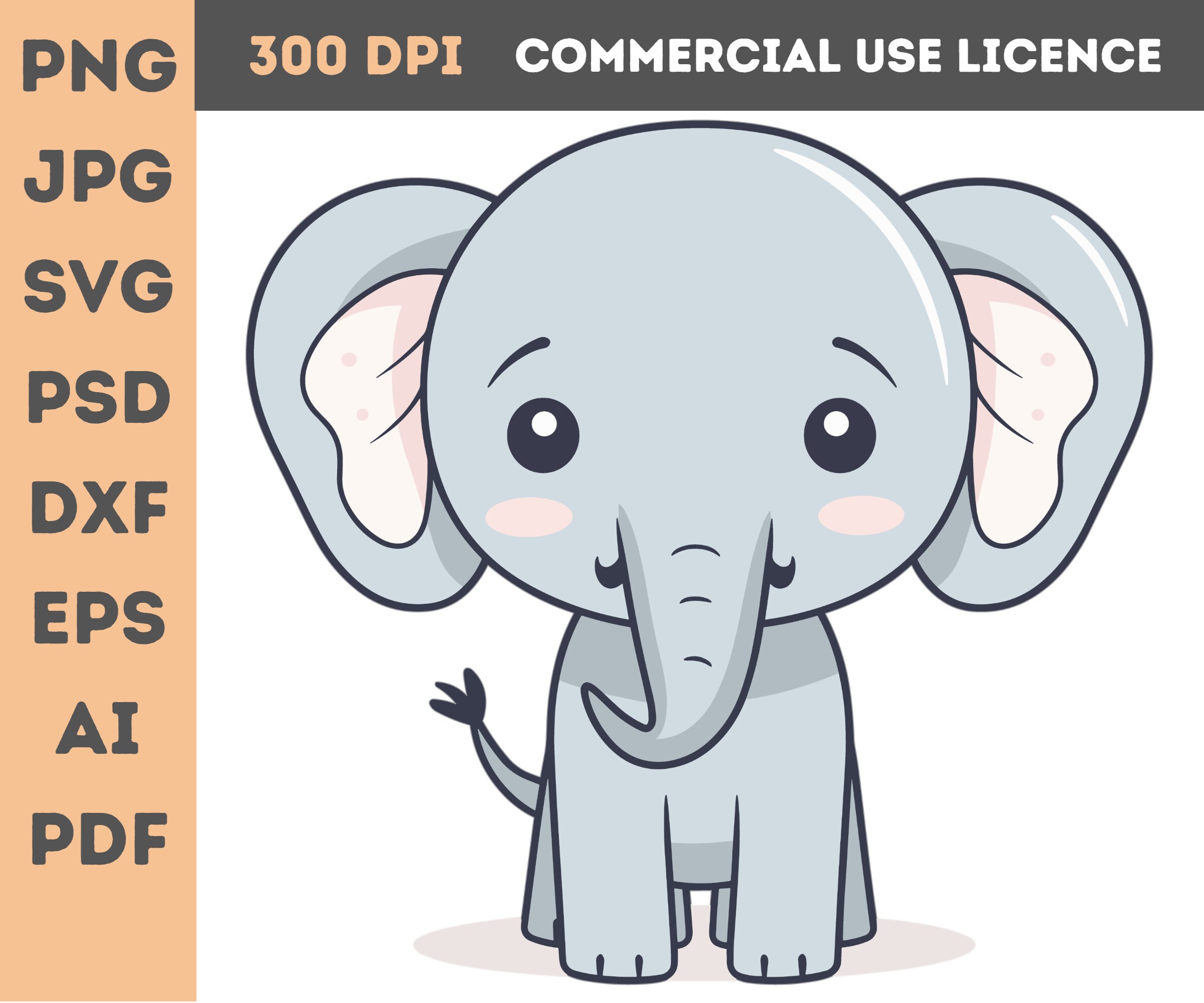 Kawaii Elephant Clipart in Format Png Jpg Svg Pds Dxf Eps Ai Pdf ...