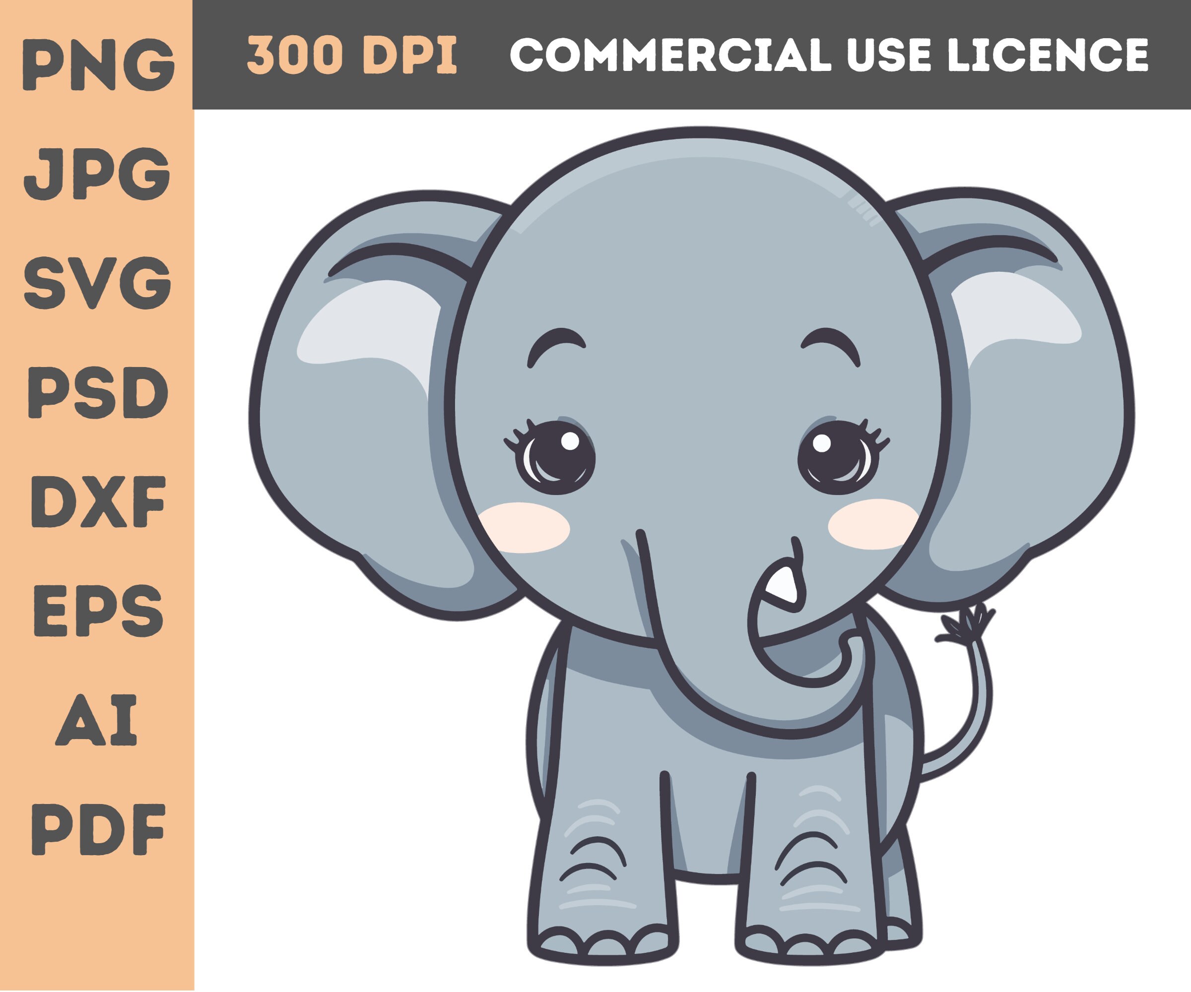 Kawaii Elephant Clipart in Format Png Jpg Svg Pds Dxf Eps Ai Pdf ...