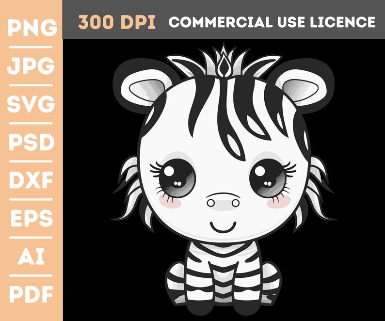 Kawaii Zebra Clipart in Format Png Jpg Svg Pds Dxf Eps Ai Pdf Instant ...
