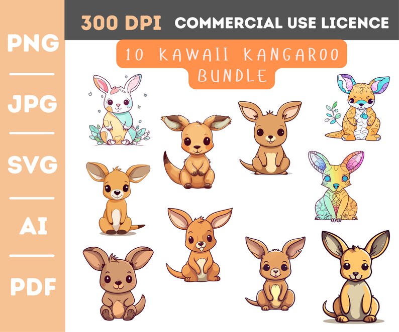 Kawaii Kangaroo Bundle Clipart in Format Png Jpg Svg Ai Pdf Instant ...