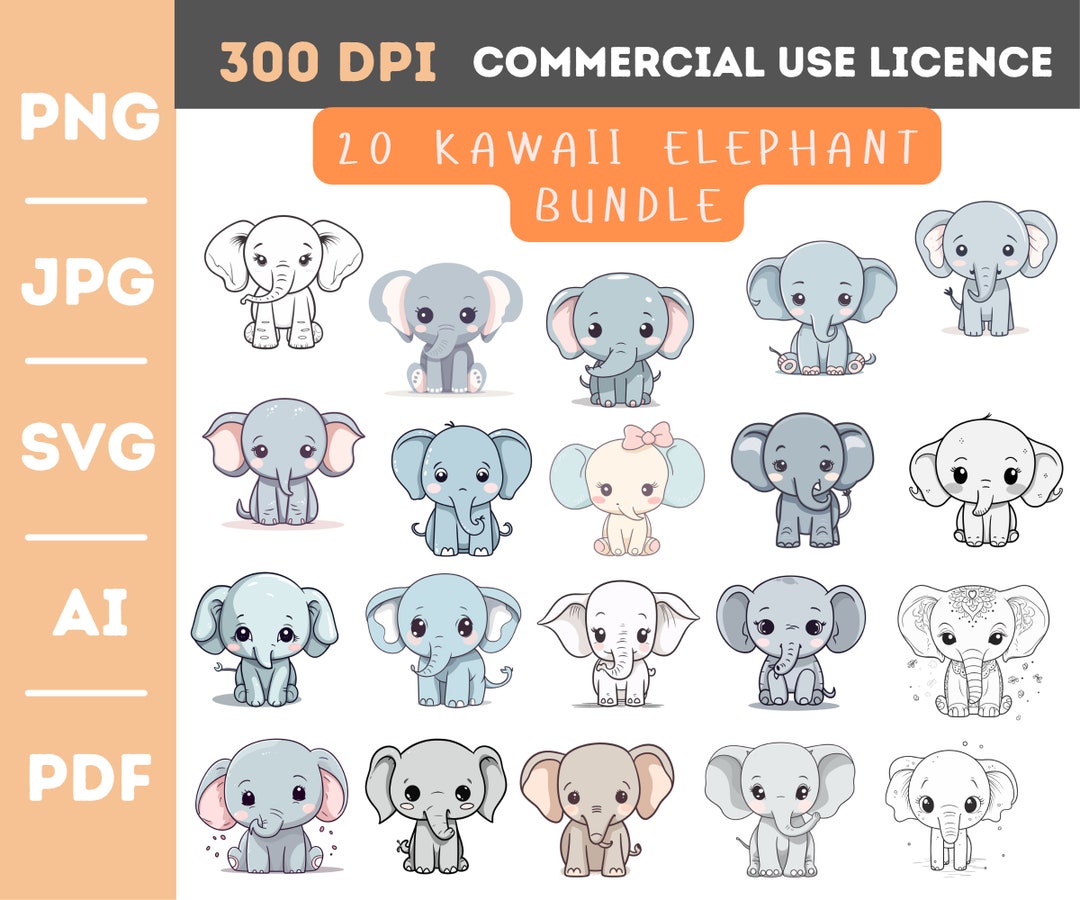 Kawaii Elephant Bundle Cliparts in Format Png Jpg Svg Ai Pdf Instant ...