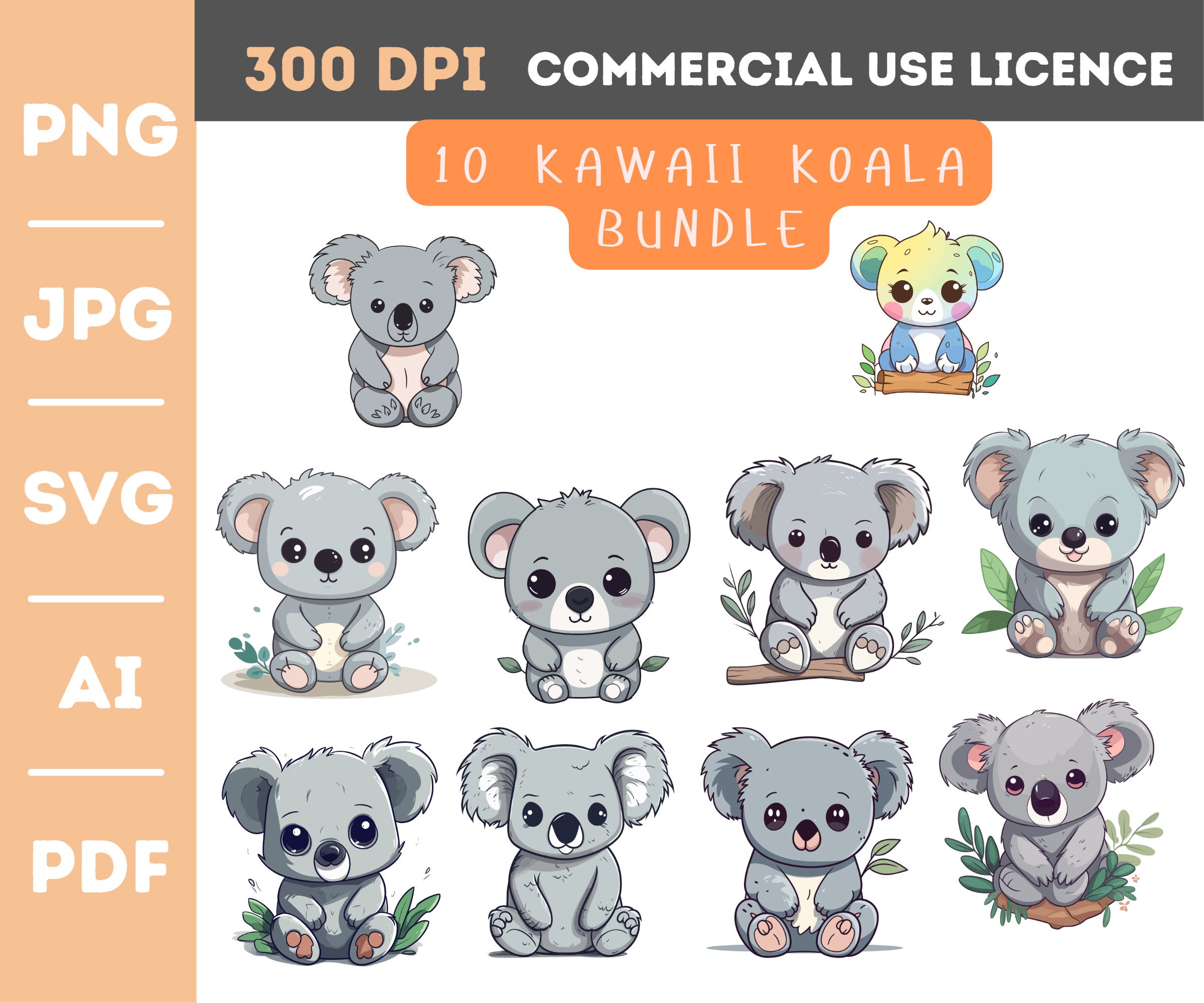Kawaii Koala Bundle Cliparts in Format Png Jpg Svg Ai Pdf - Etsy