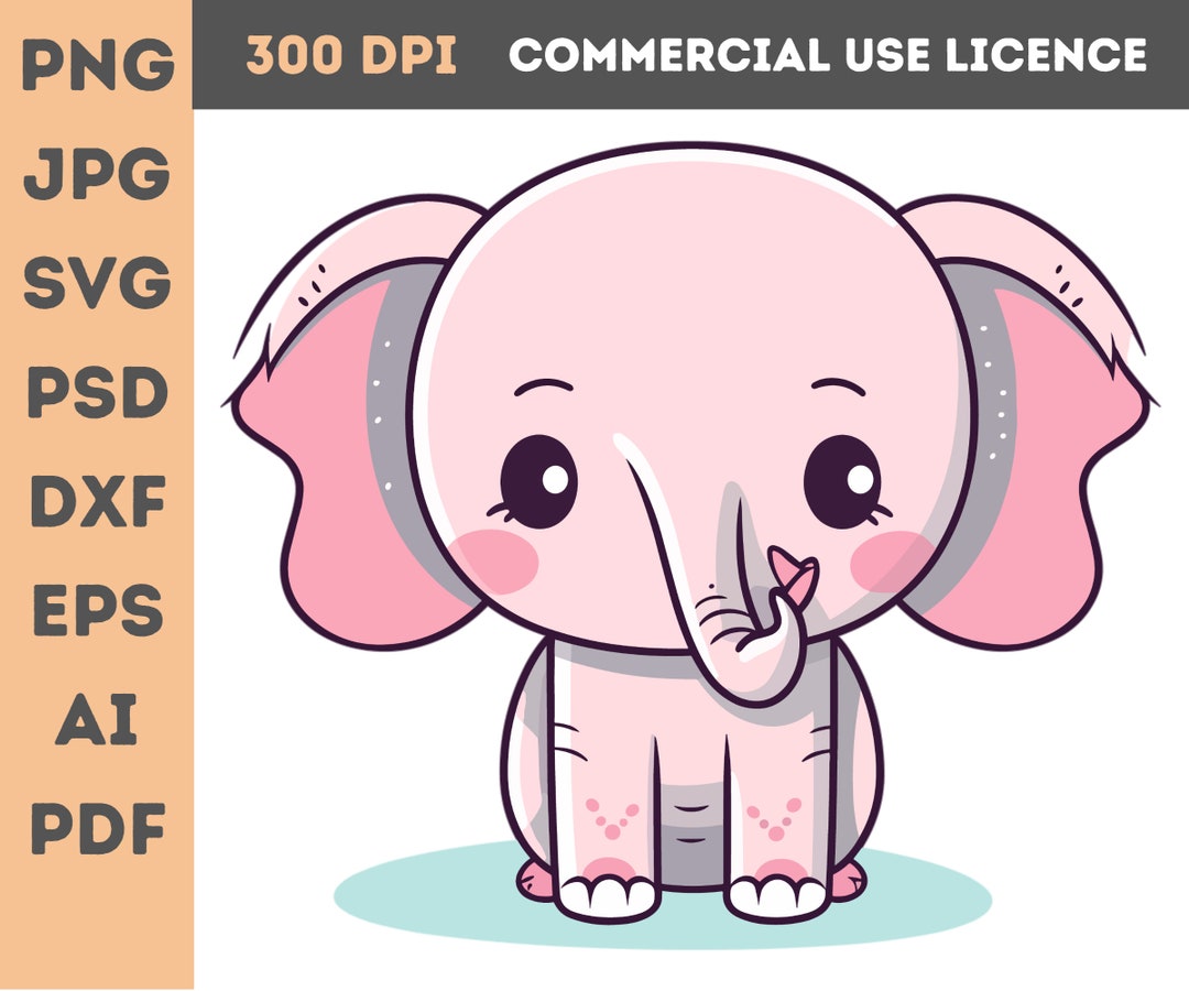 Kawaii Elephant Clipart in Format Png Jpg Svg Pds Dxf Eps Ai Pdf ...