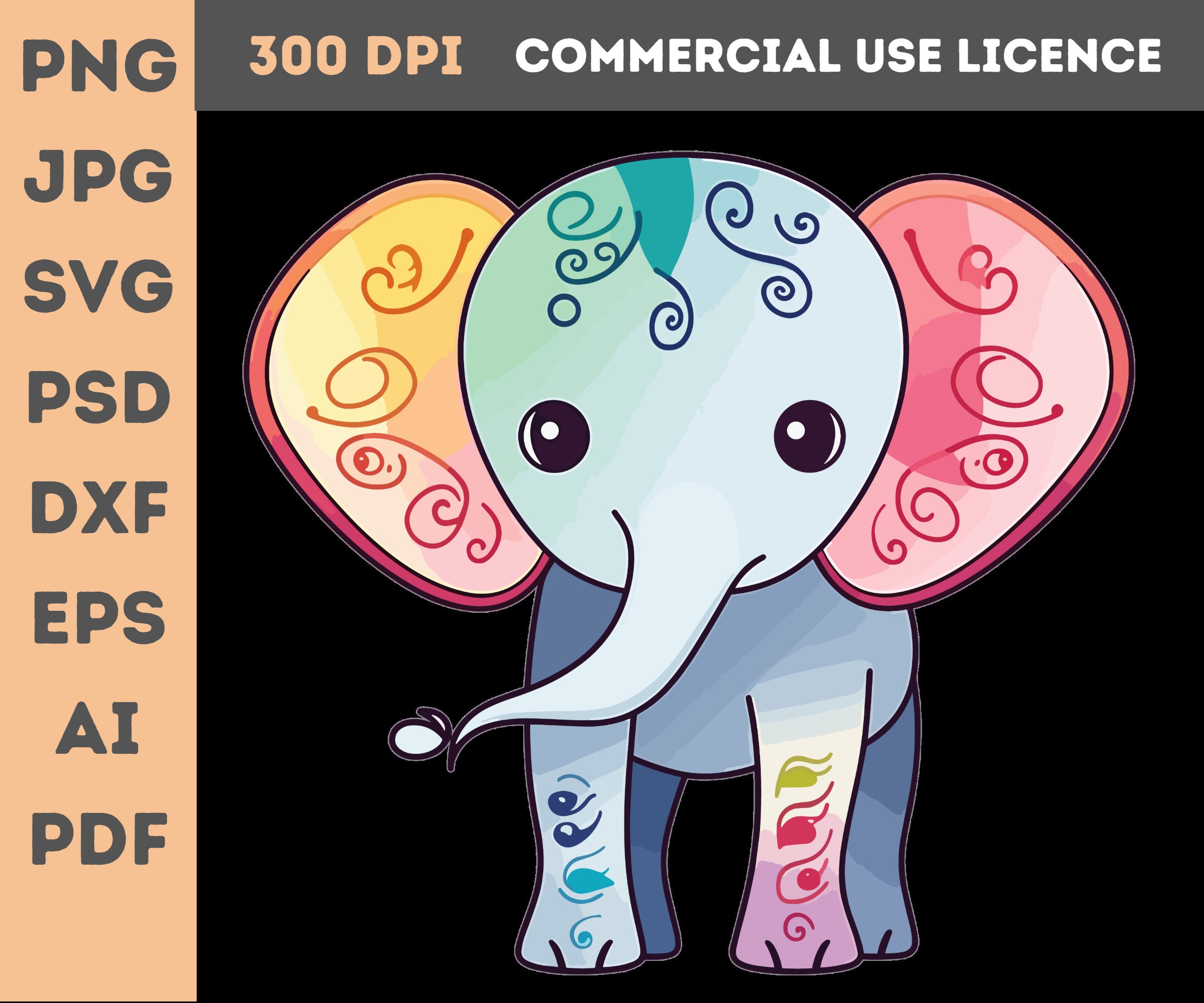 Kawaii Elephant Clipart in Format Png Jpg Svg Pds Dxf Eps Ai Pdf ...