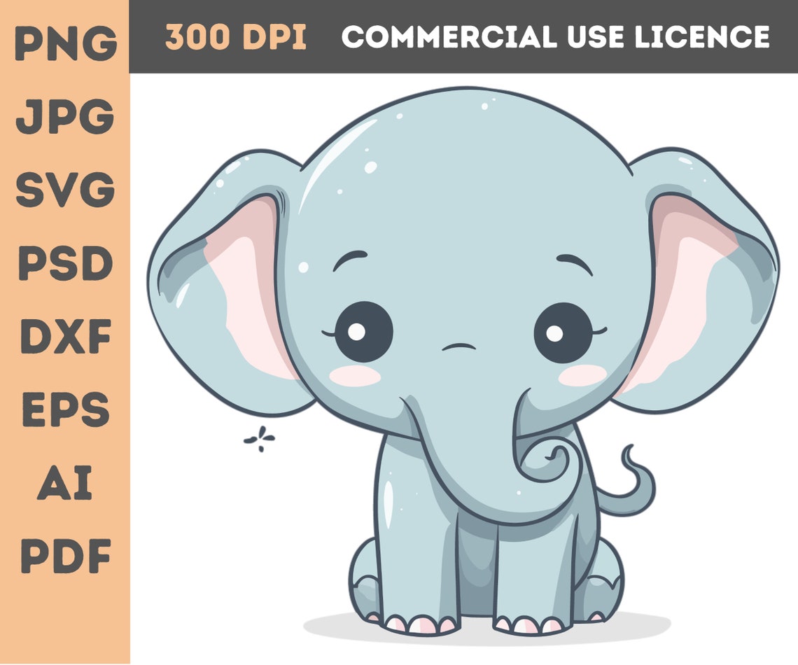 Kawaii Elephant Clipart in Format Png Jpg Svg Pds Dxf Eps Ai Pdf ...