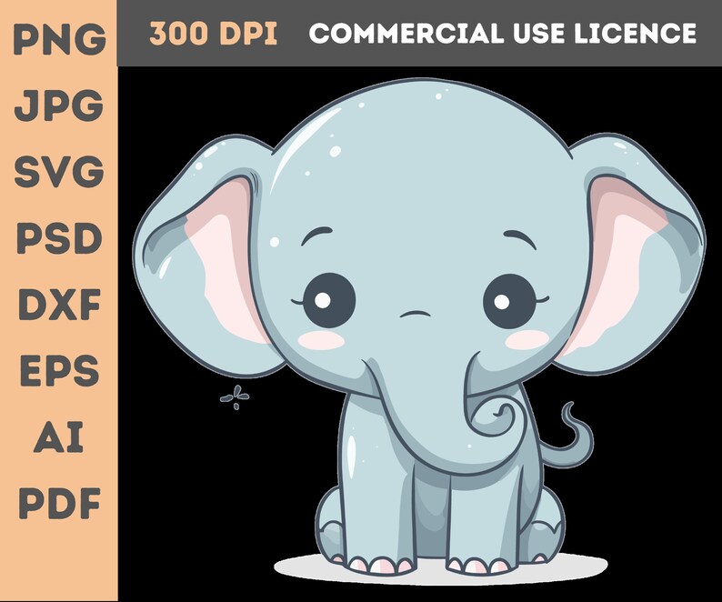 Kawaii Elephant Clipart in Format Png Jpg Svg Pds Dxf Eps Ai Pdf ...