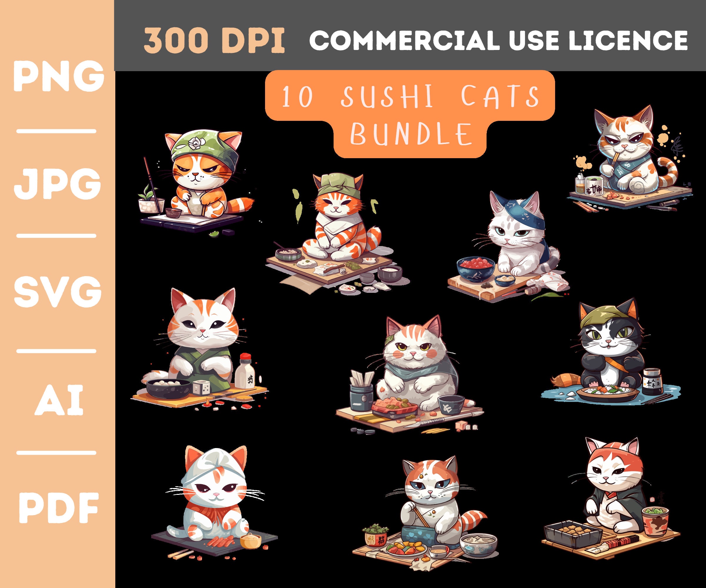 Sushi Cats Bundle Clipart in Format Png Jpg Svg Ai Pdf Instant Download ...