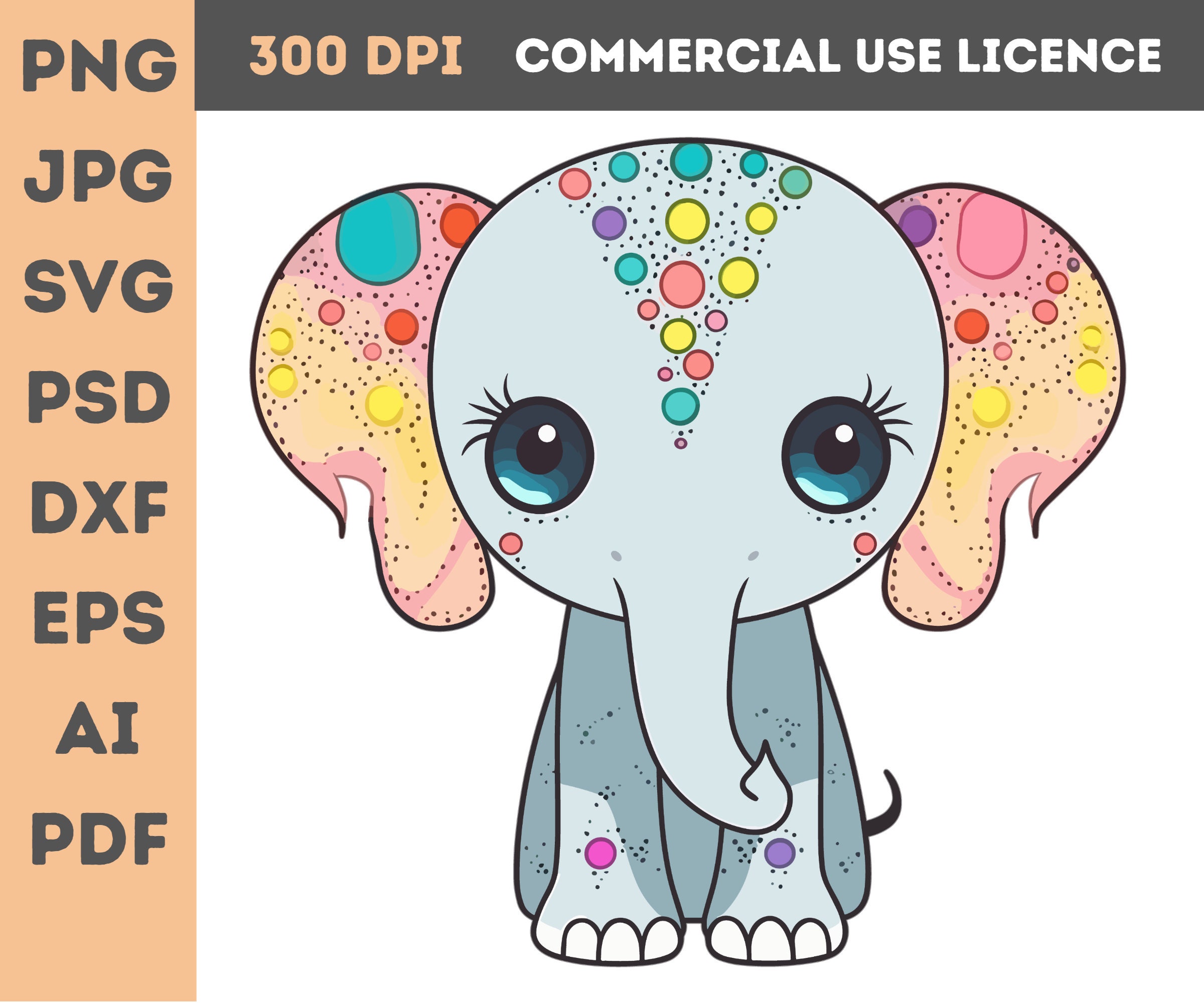 Kawaii Elephant Clipart in Format Png Jpg Svg Pds Dxf Eps Ai Pdf ...