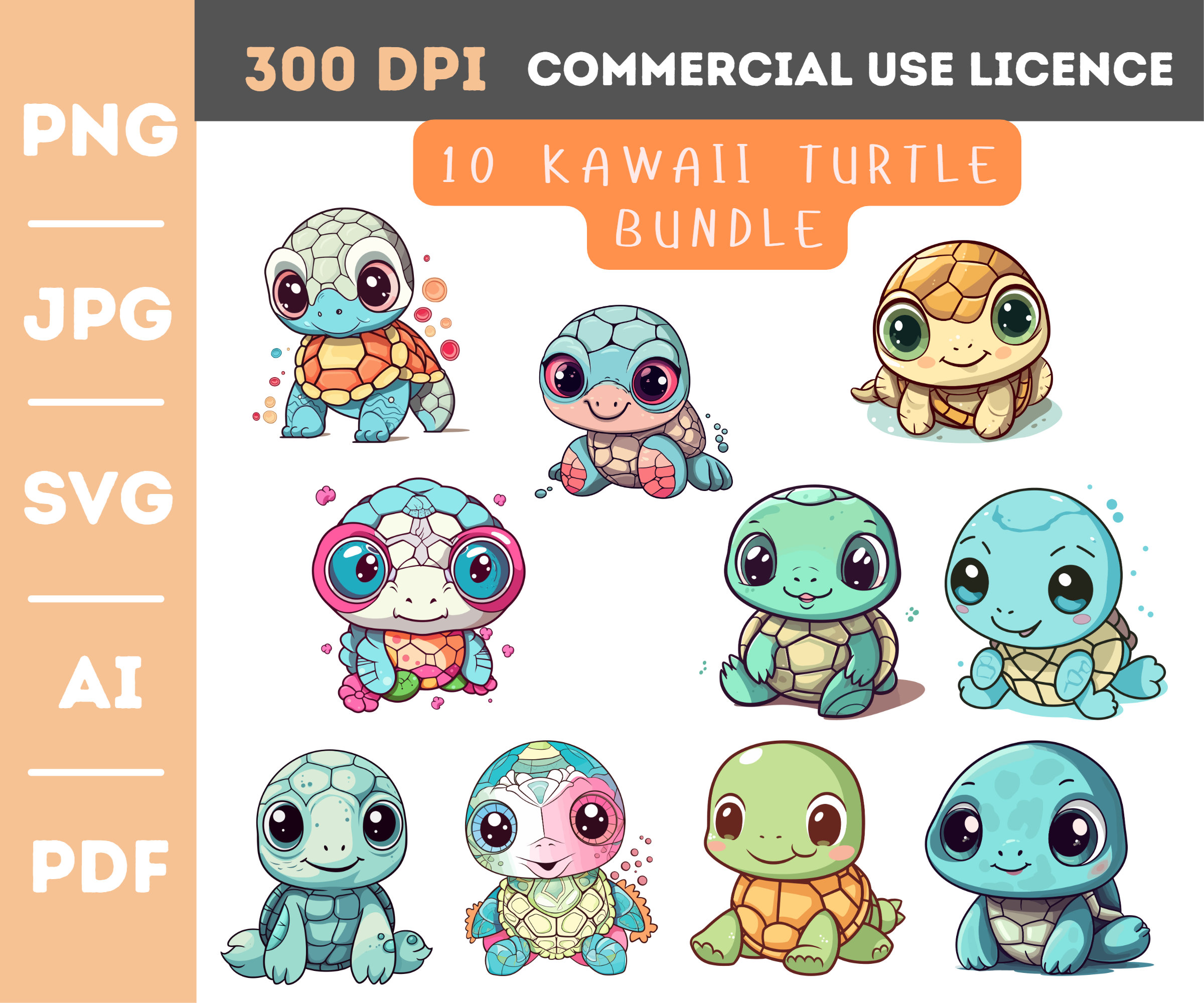Kawaii Turtles Bundle Cliparts in Format Png Jpg Svg Ai Pdf Instant ...