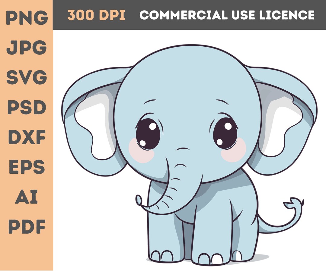 Kawaii Elephant Clipart in Format Png Jpg Svg Pds Dxf Eps Ai Pdf ...