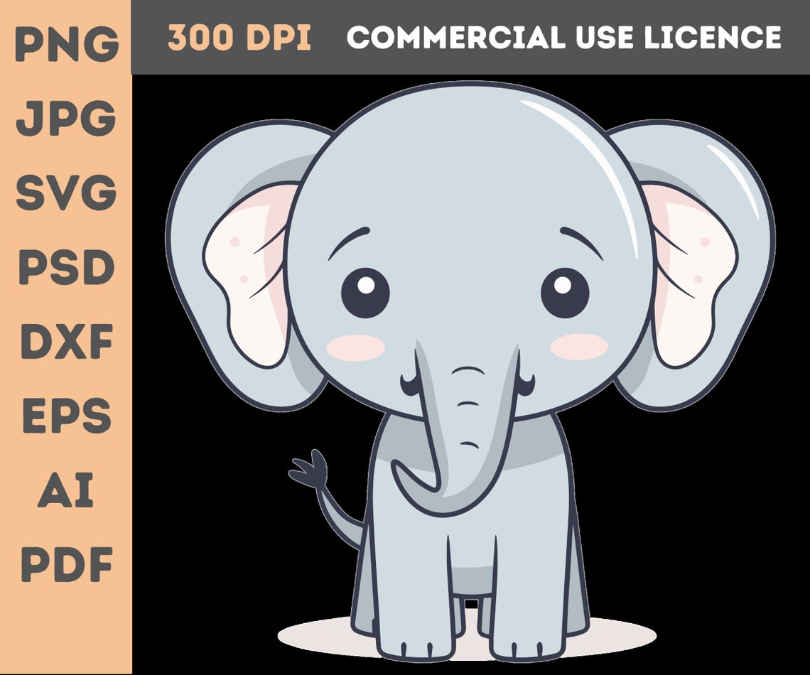 Kawaii Elephant Clipart in Format Png Jpg Svg Pds Dxf Eps Ai Pdf ...