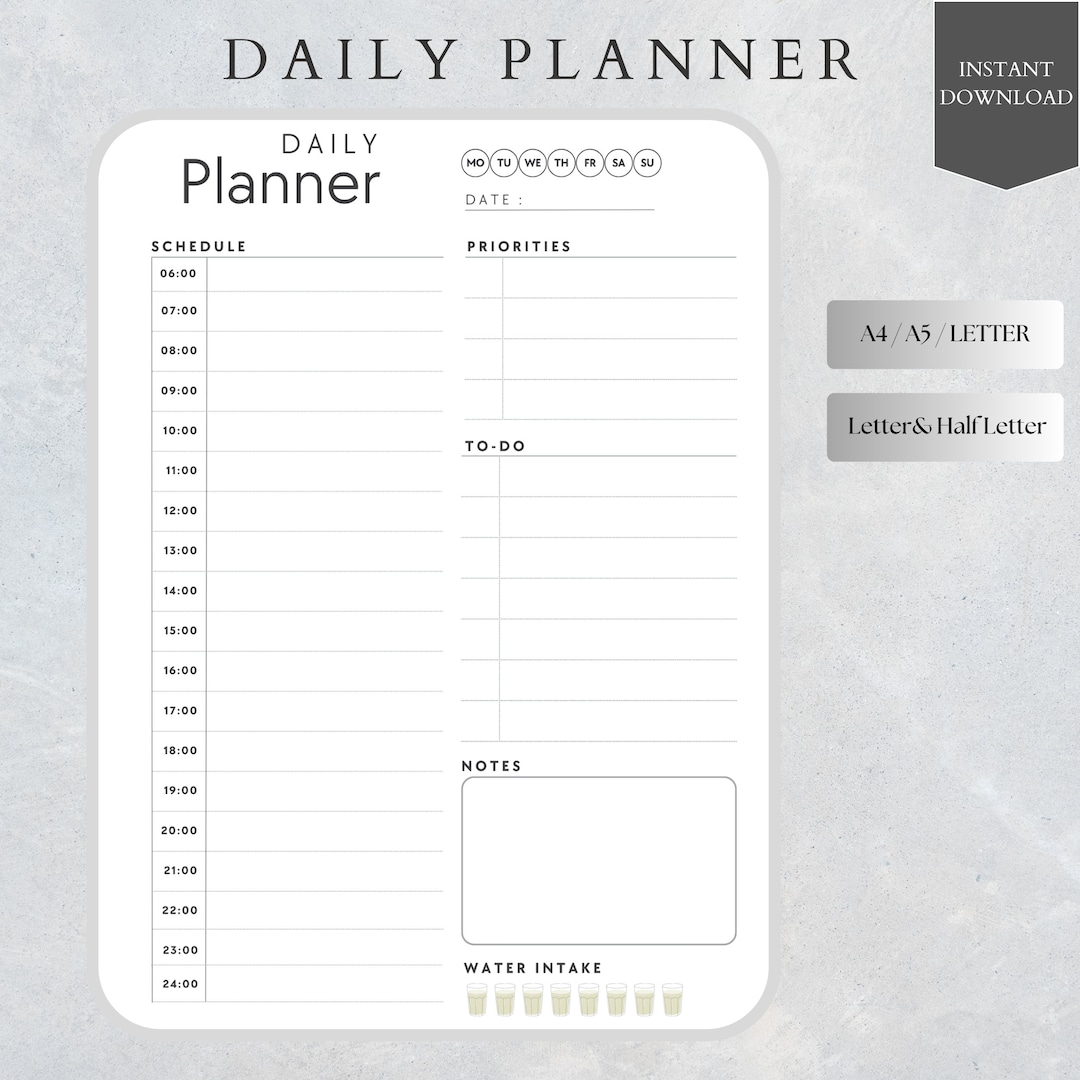 Black Daily Planner Printable A4 A5 PDF Simple Daily Tracker - Etsy
